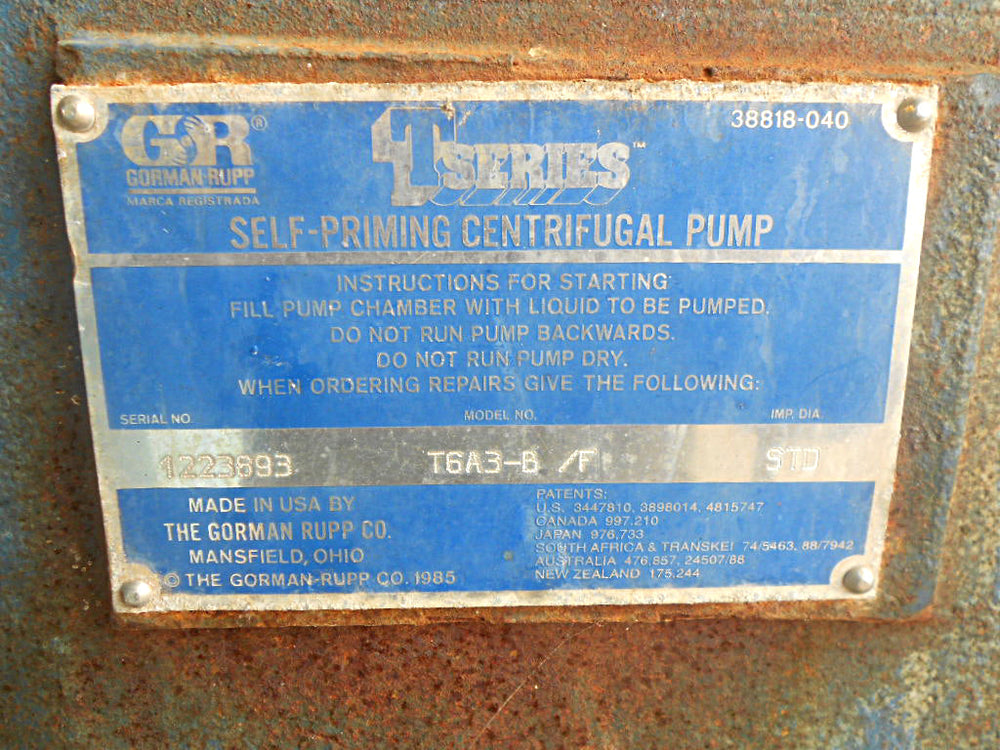 Gorman-Rupp T6A3-B/F Wastewater Pump (25 HP, 1,500 GPM Max)