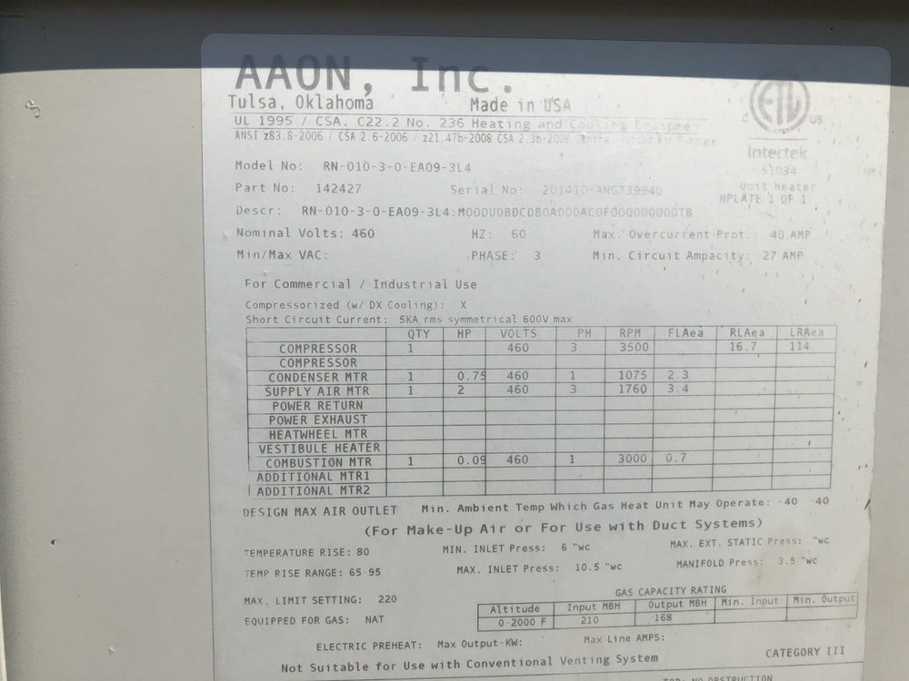 AAON RN-010 Air Cooling & Heating Condensing Unit - 10 Tons