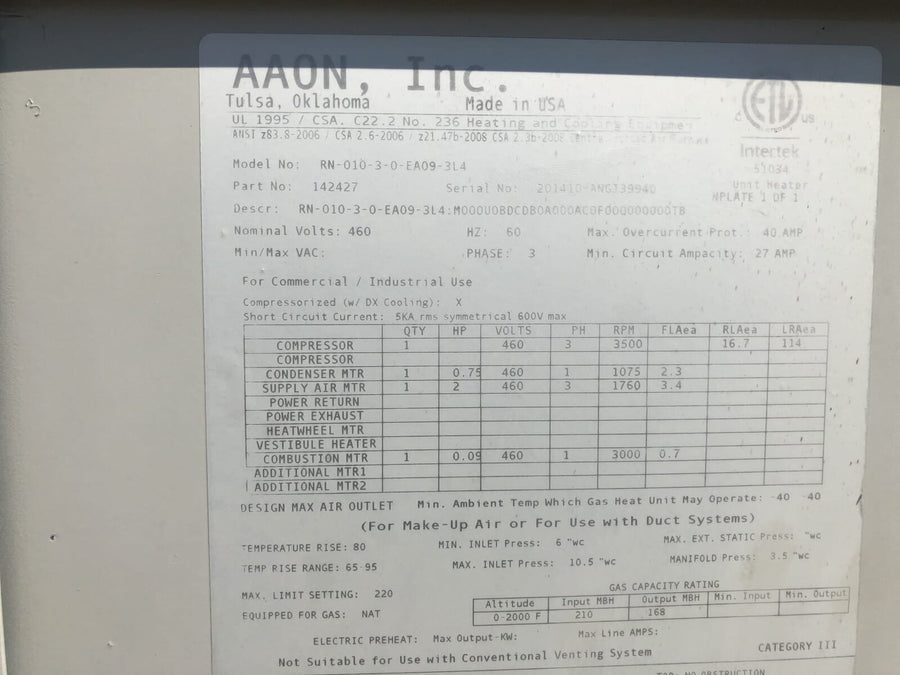 AAON RN-010 Air Cooling & Heating Condensing Unit - 10 Tons