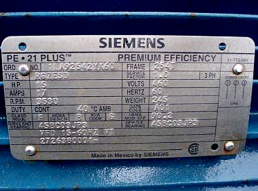 Siemens Premium Efficiency 21 Plus Electric Motors- 15 HP